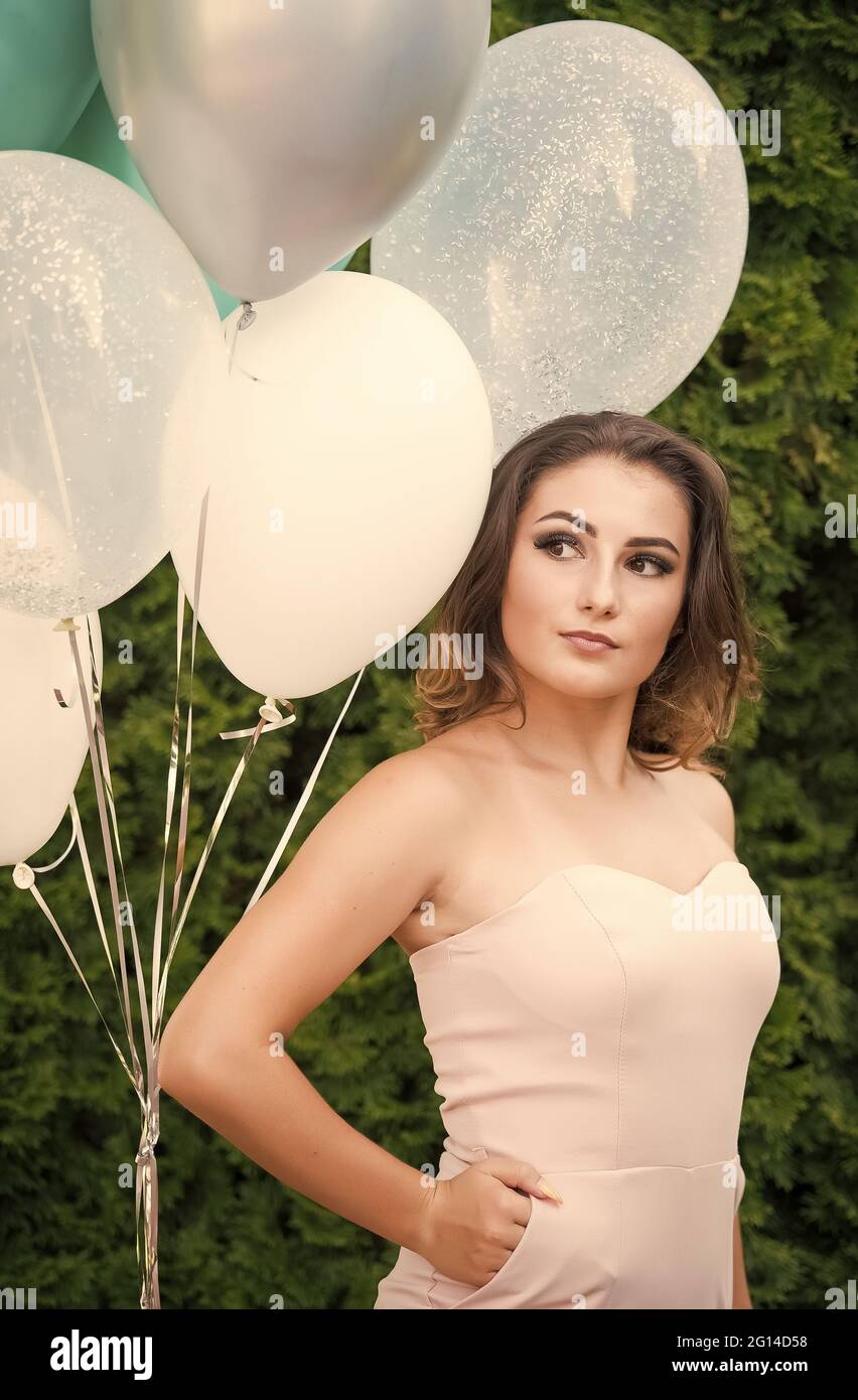 Aero design concept. Girl with balloons celebrate birthday. Birthday ...