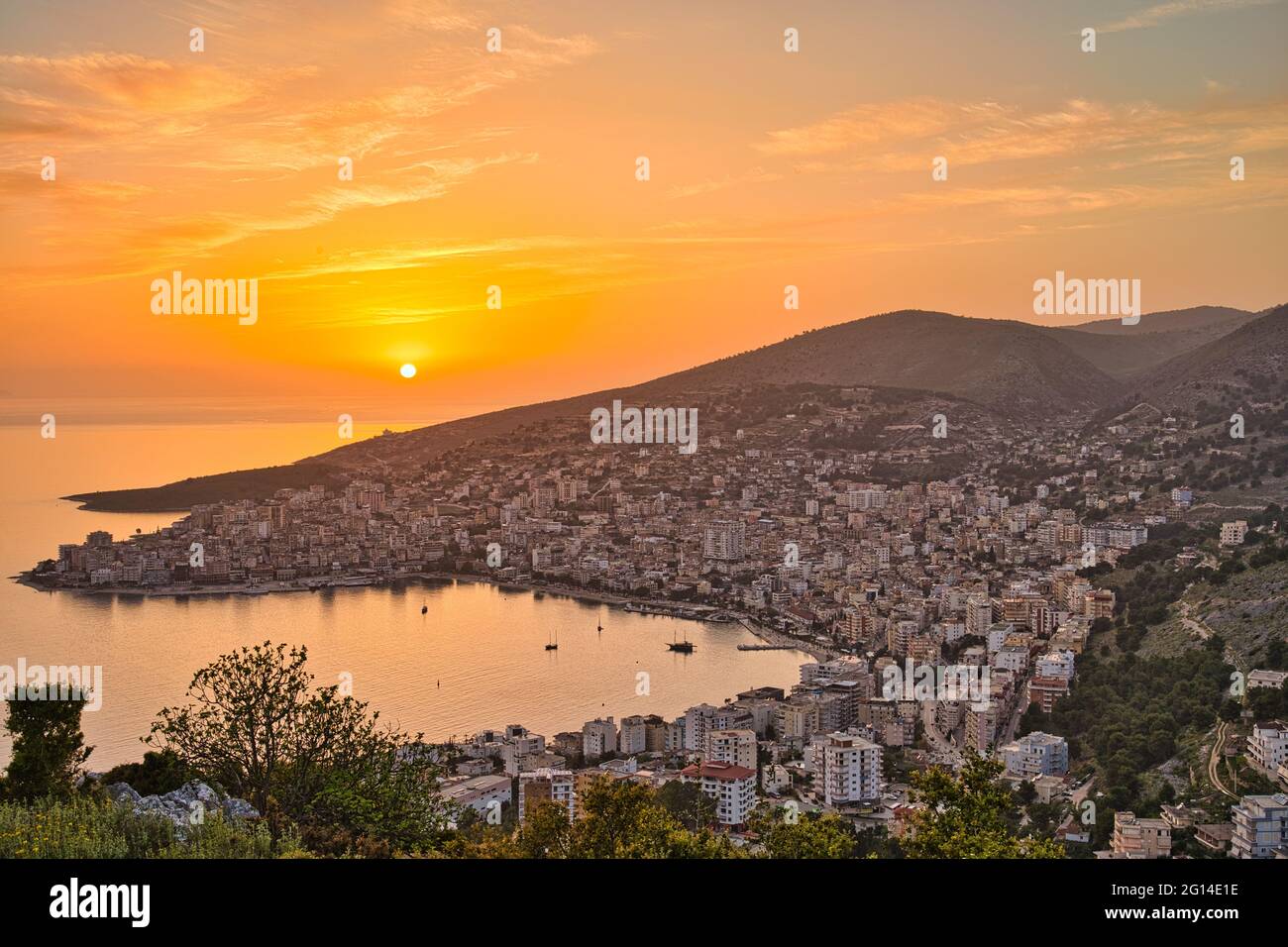 View from the Lekuresi castle on Saranda at sunset Stock Photo - Alamy
