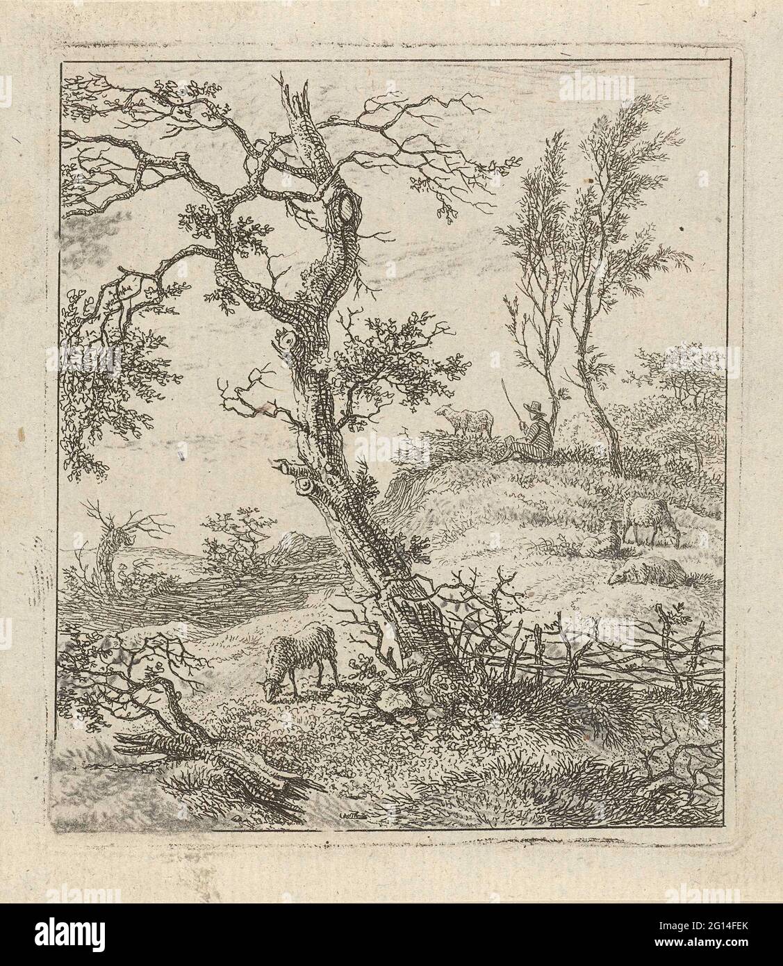 Landscape with sheep shepherd on hill. A rolling landscape with a gross ...