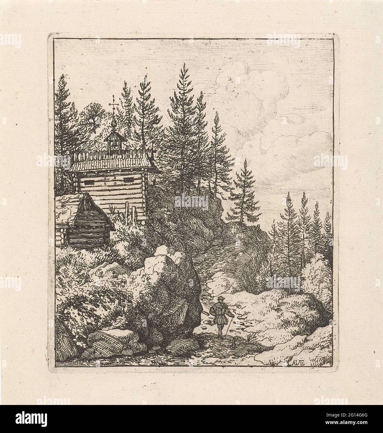 Landscape with chapel. Mountain landscape with wooden chapel. On the ...
