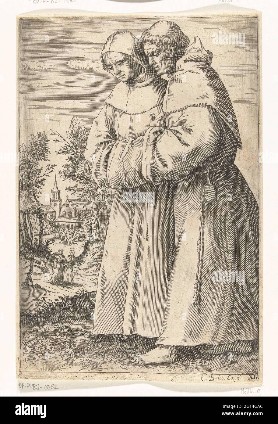 Two running monks. They walk two monks to side. In the background there ...