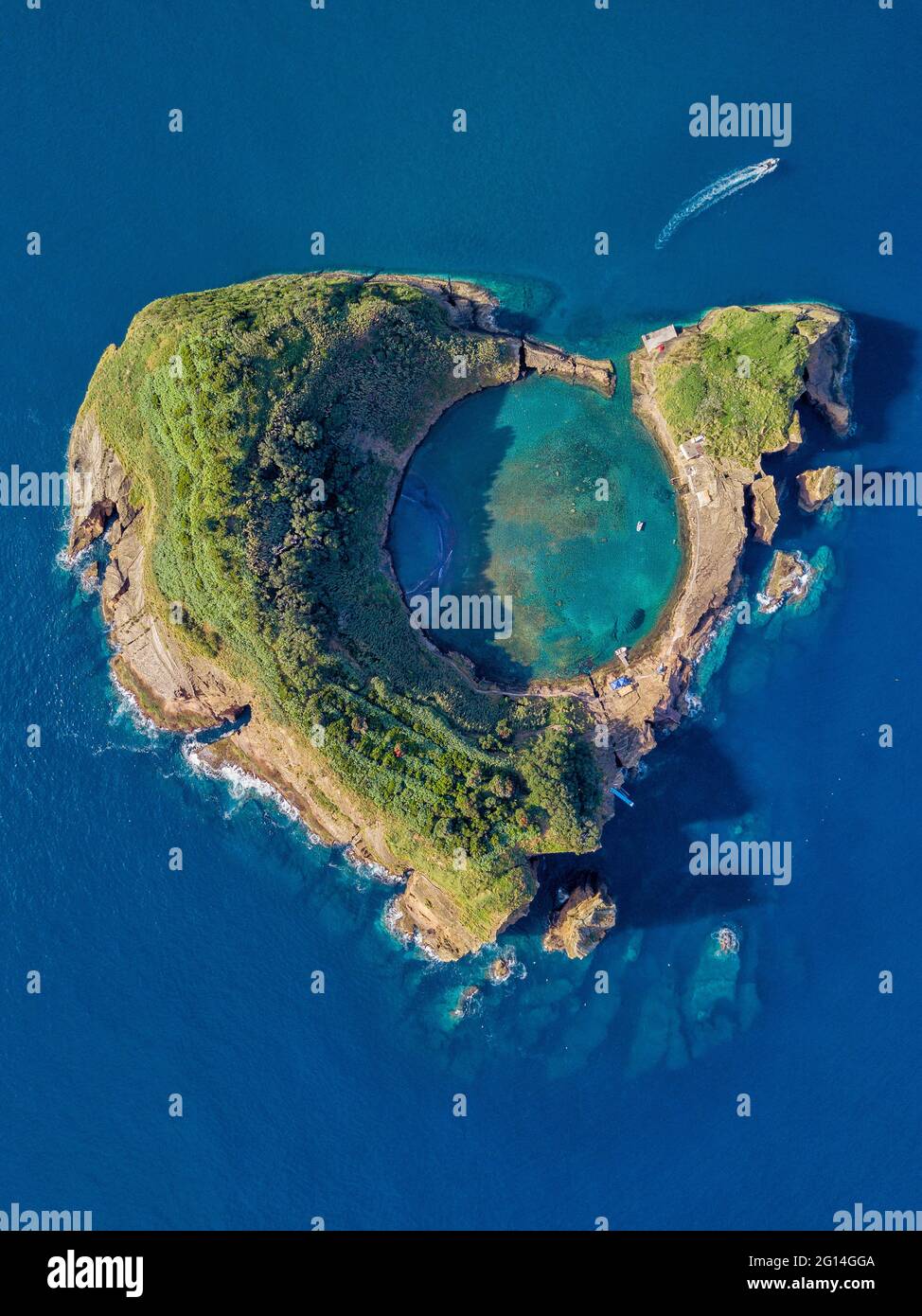 Azores aerial panoramic view. Top view of Islet of Vila Franca do Campo ...