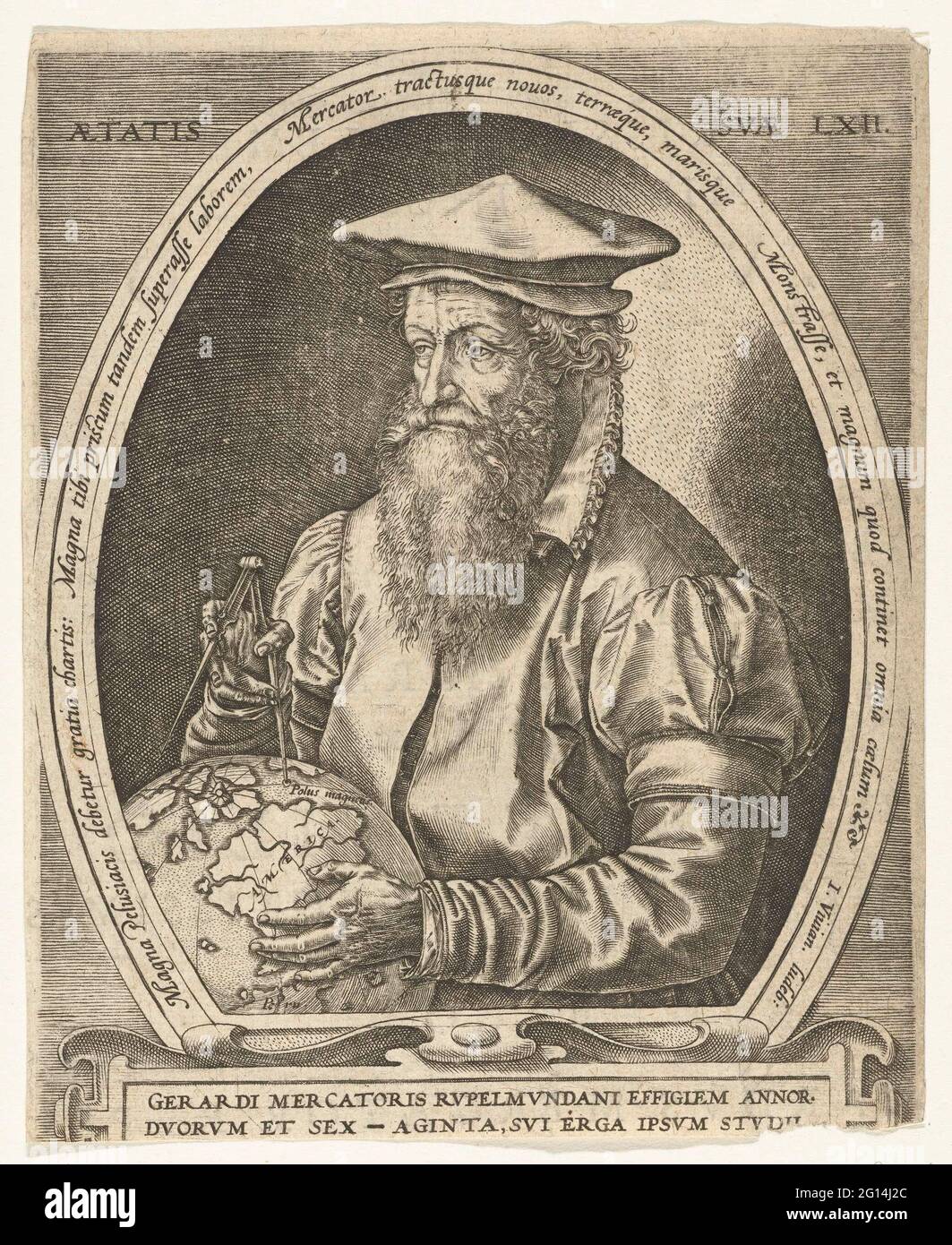 Portrait of Gerardus Mercator. Gerardus Mercator, shown in half, his ...
