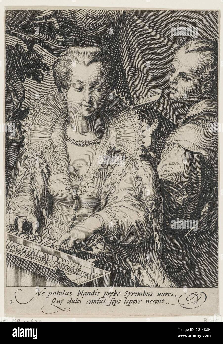 The hearing; The five senses. Hearing female personification playing on ...