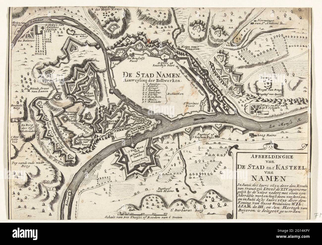 Map of the city names with castle, besieged by the French army in 1692 ...