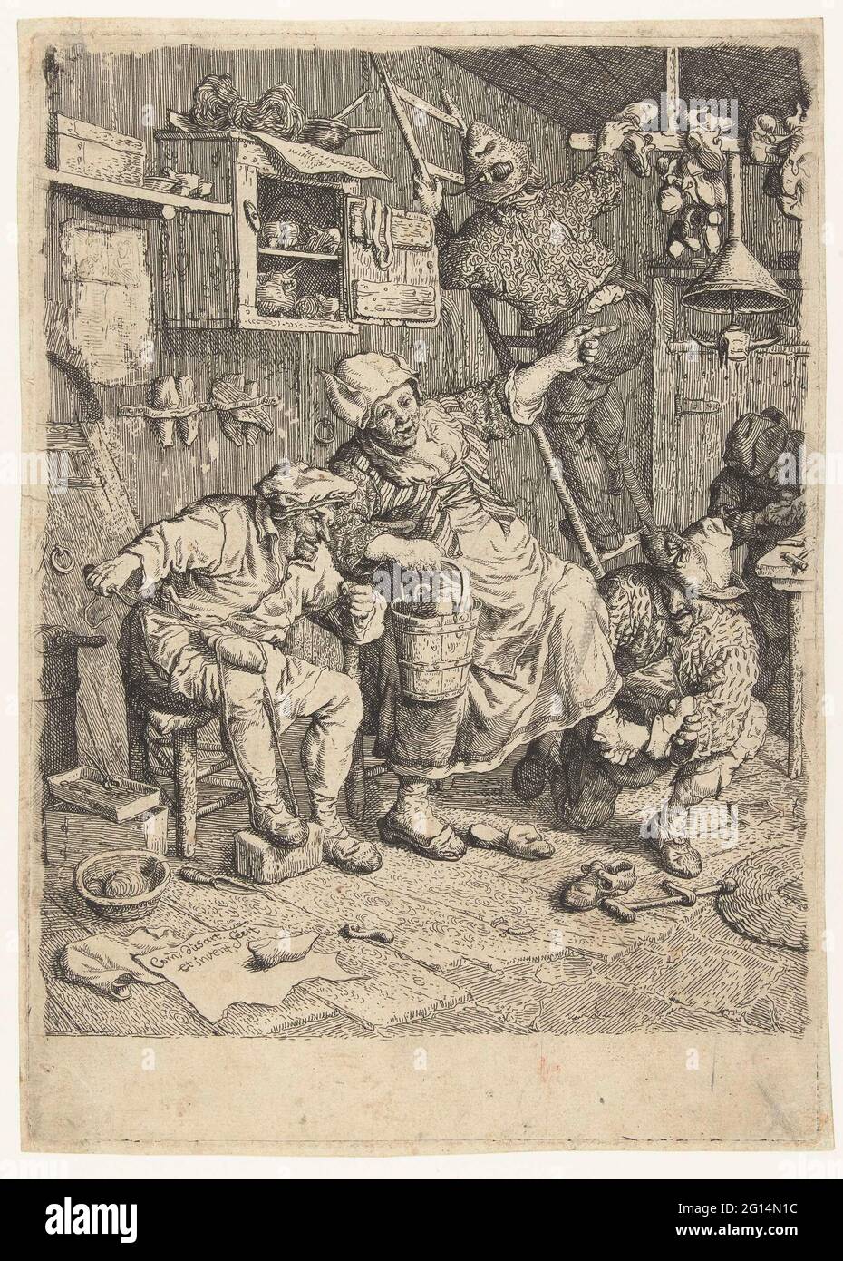 The renowned shoemaker. A woman, balancing on one leg, gets new shoes ...