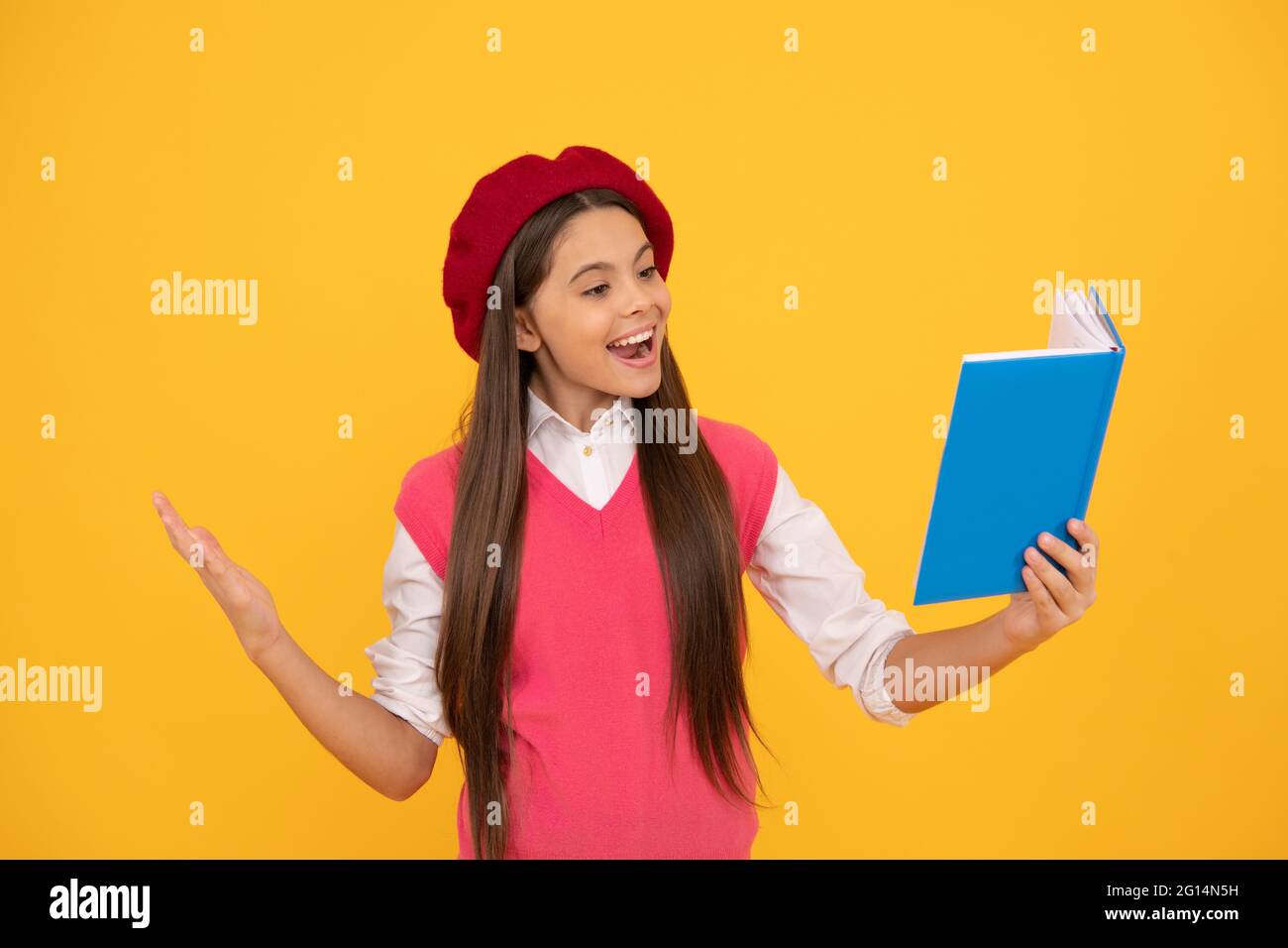 speaker. smiling child reading book. teenage student. learning ...
