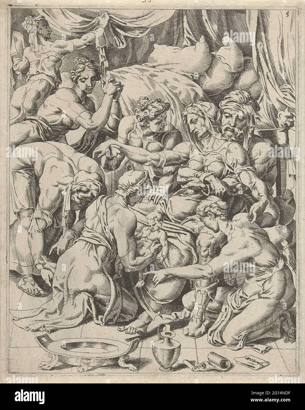 Birth of Isaac; History of Abraham. Sara next to the baby shower. She ...