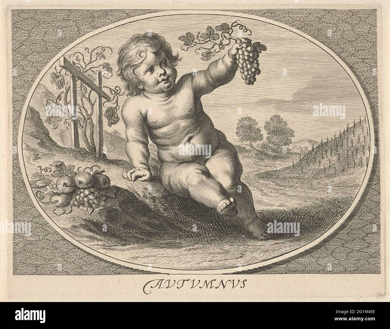 Autumn in form of child with grape food and fruit in oval; Autumnus ...