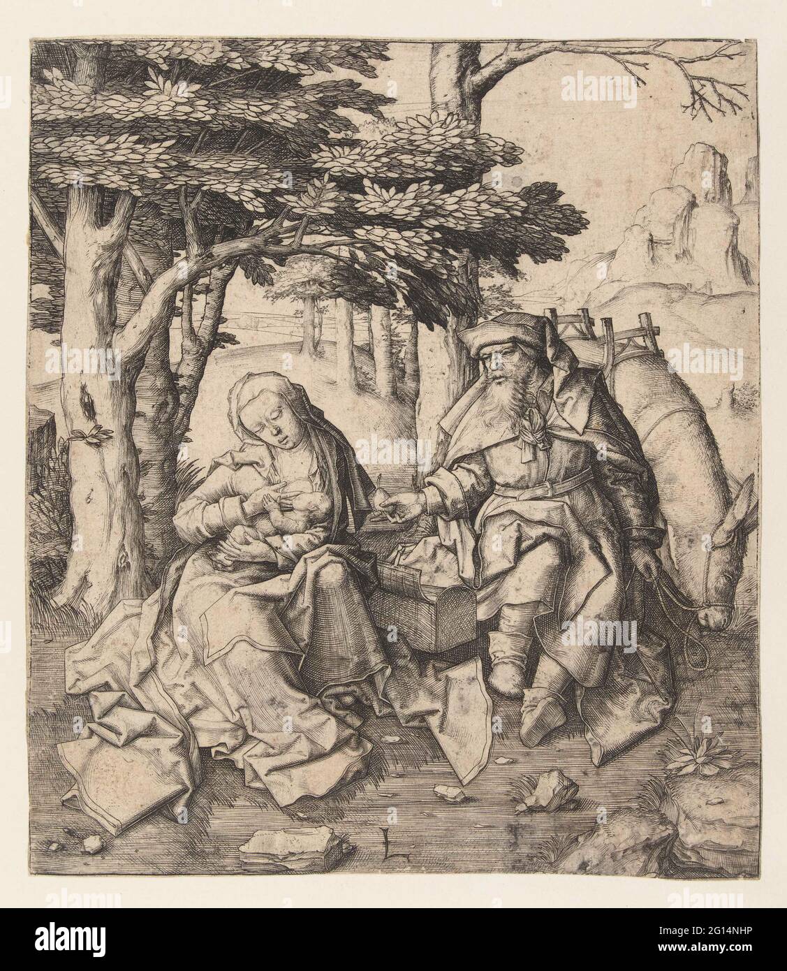 Rest on the Flight Into Egypt. Maria and Joseph sitting under a tree. Maria gives the Christ ...