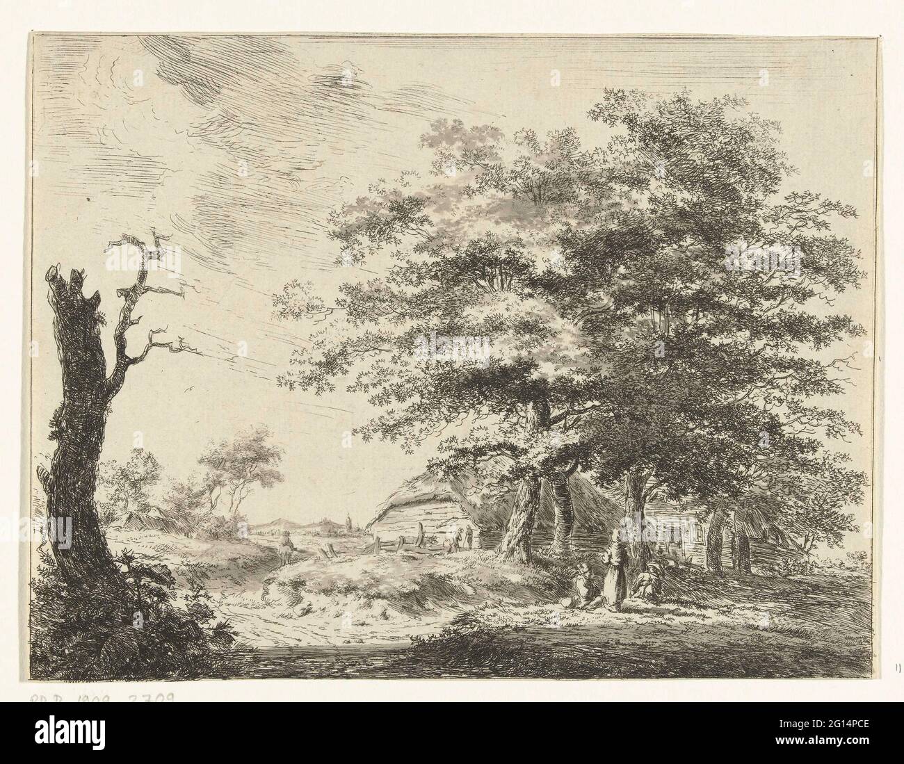 Landscape with farm and figures under trees Stock Photo - Alamy