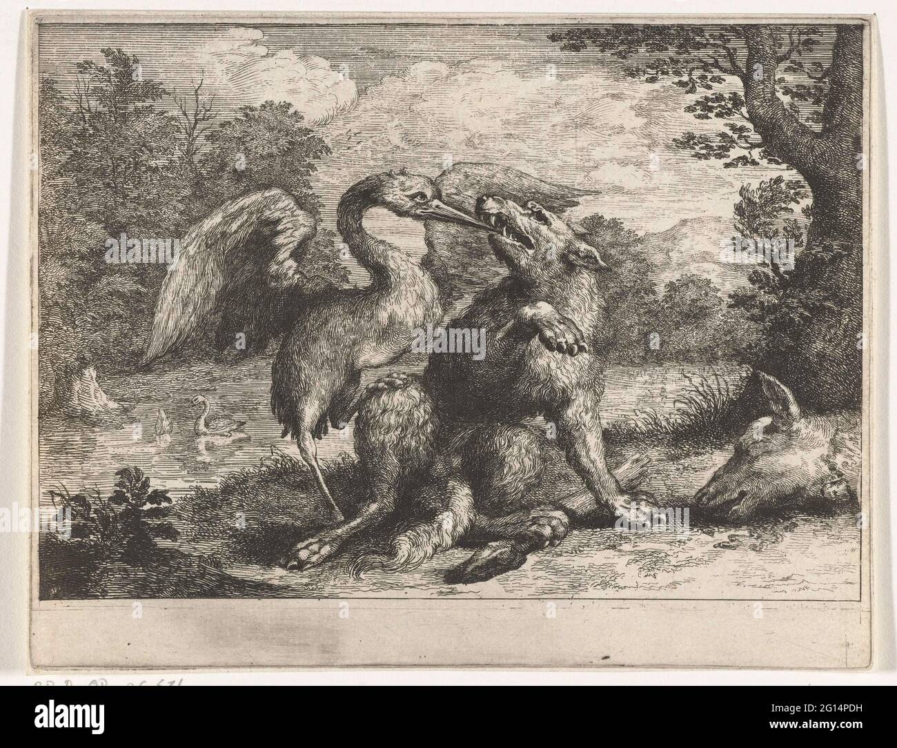 Wolf and crane. With his beak, a crane gets a bone from the neck of a ...
