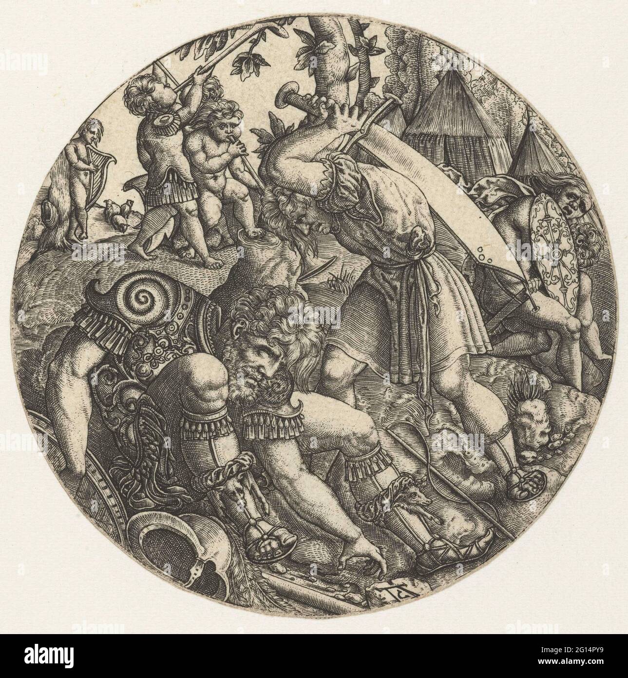 David and Goliath. David with raised sword next to goliath fitted ...