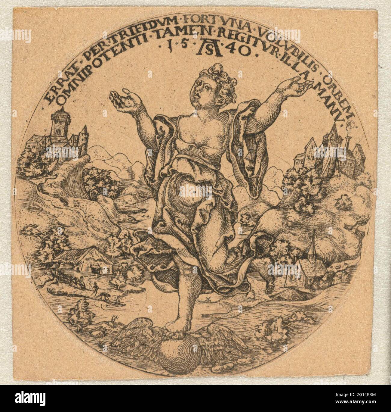 Fortune. Lady Fortuna (fortune) standing on a winged globe in a ...