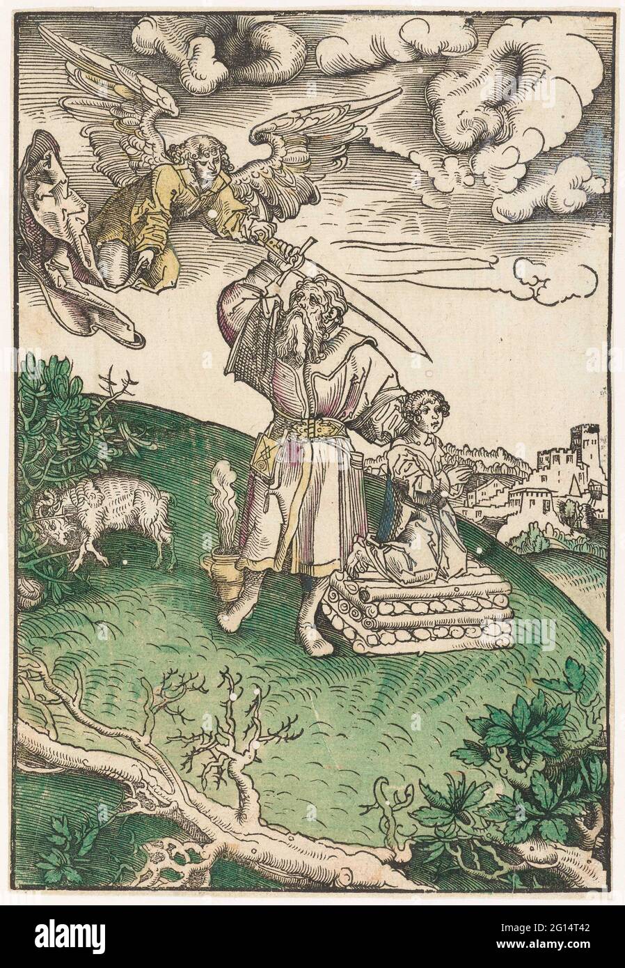 Abraham offers his son Isaac. Abraham raises his sword to kill his son ...