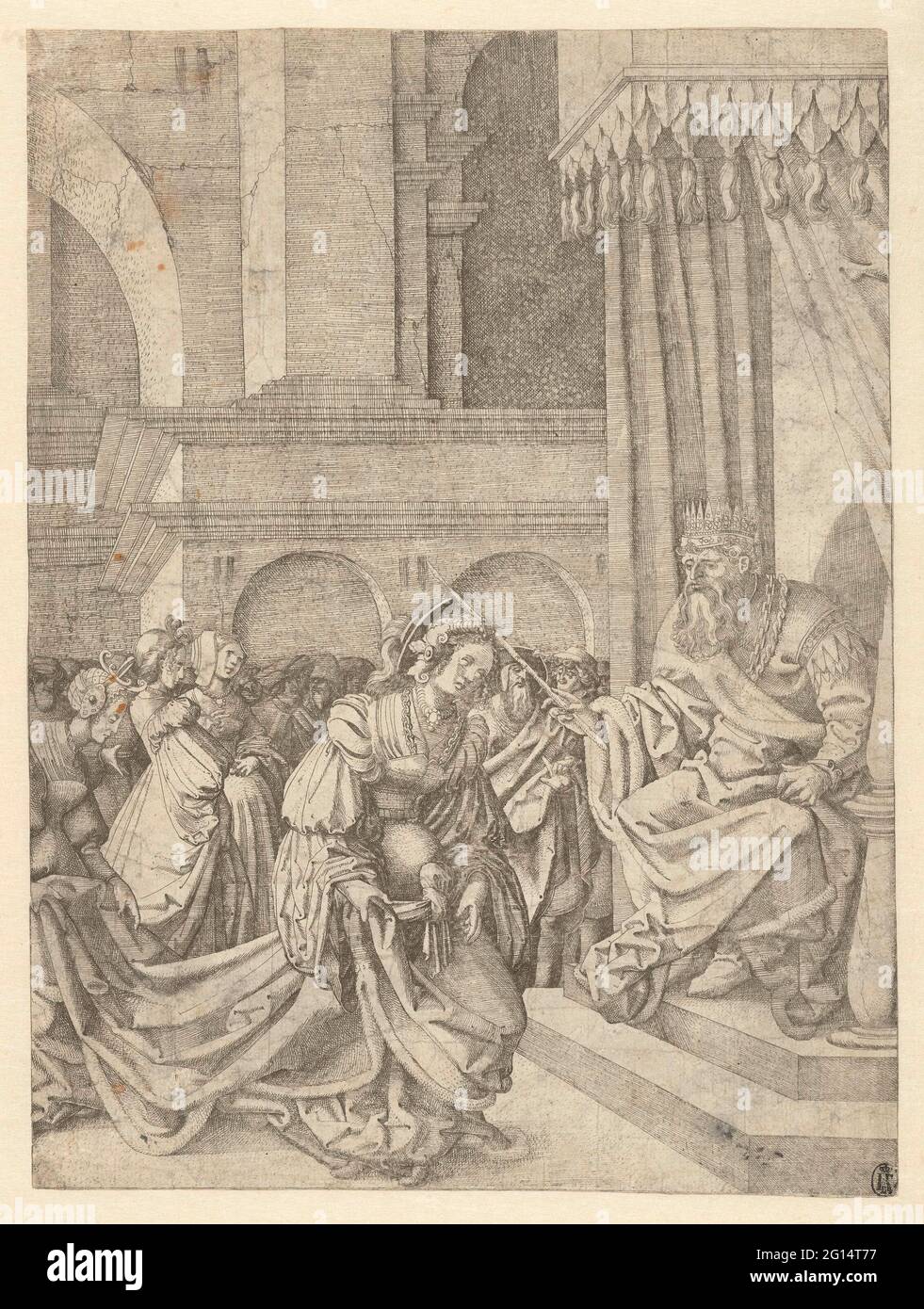 Esther for Ahasverus. Esther Knelt, Ahasverus on the throne holds ...