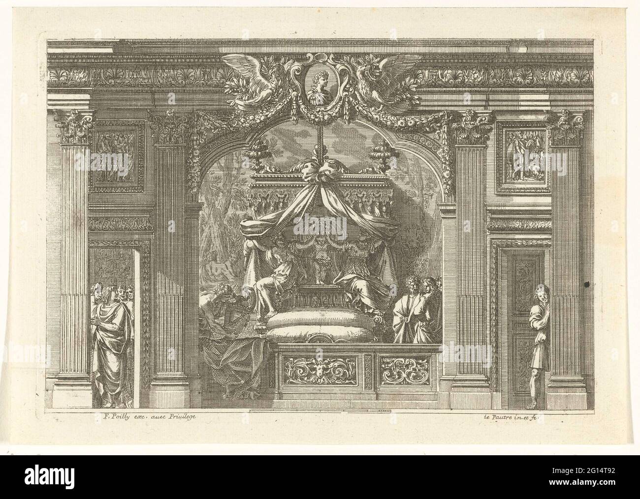 Alcove with empty bed; Alkoven. On the left is a slave with a vase, in ...