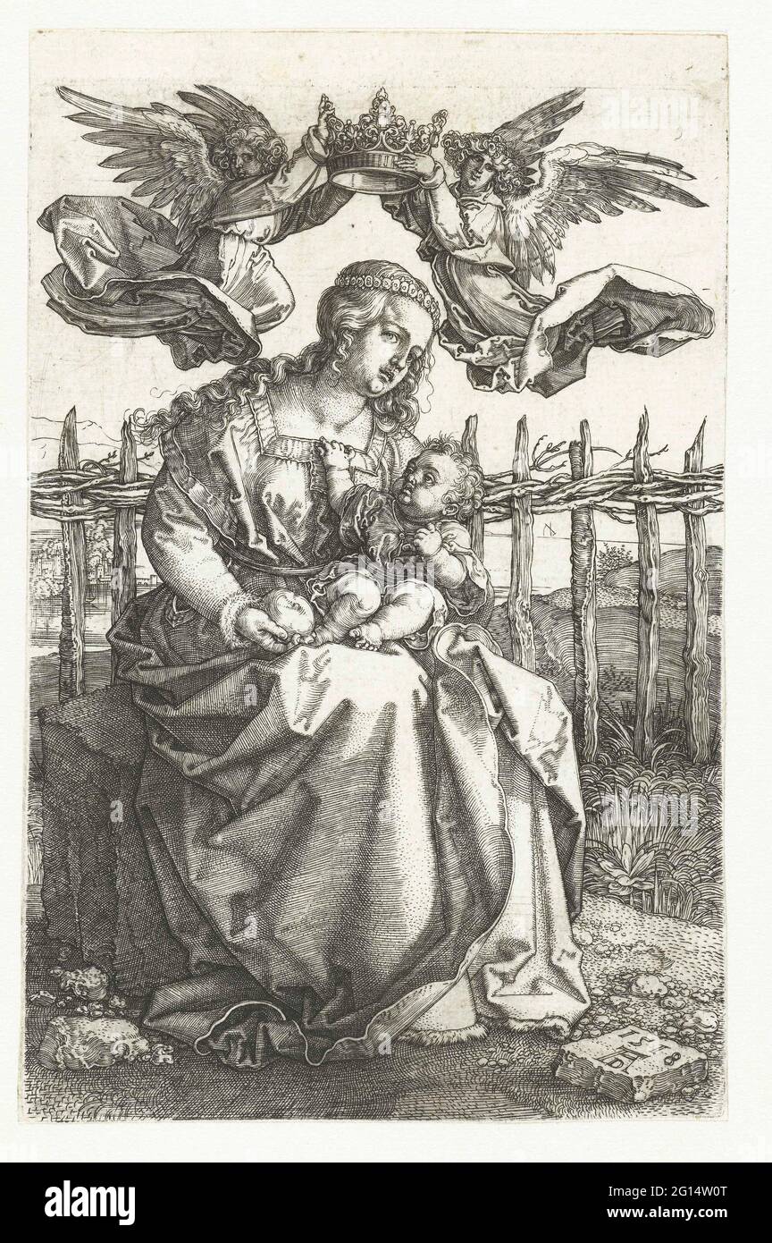 Maria with child crowned by two angels. Maria is sitting on a couch or ...