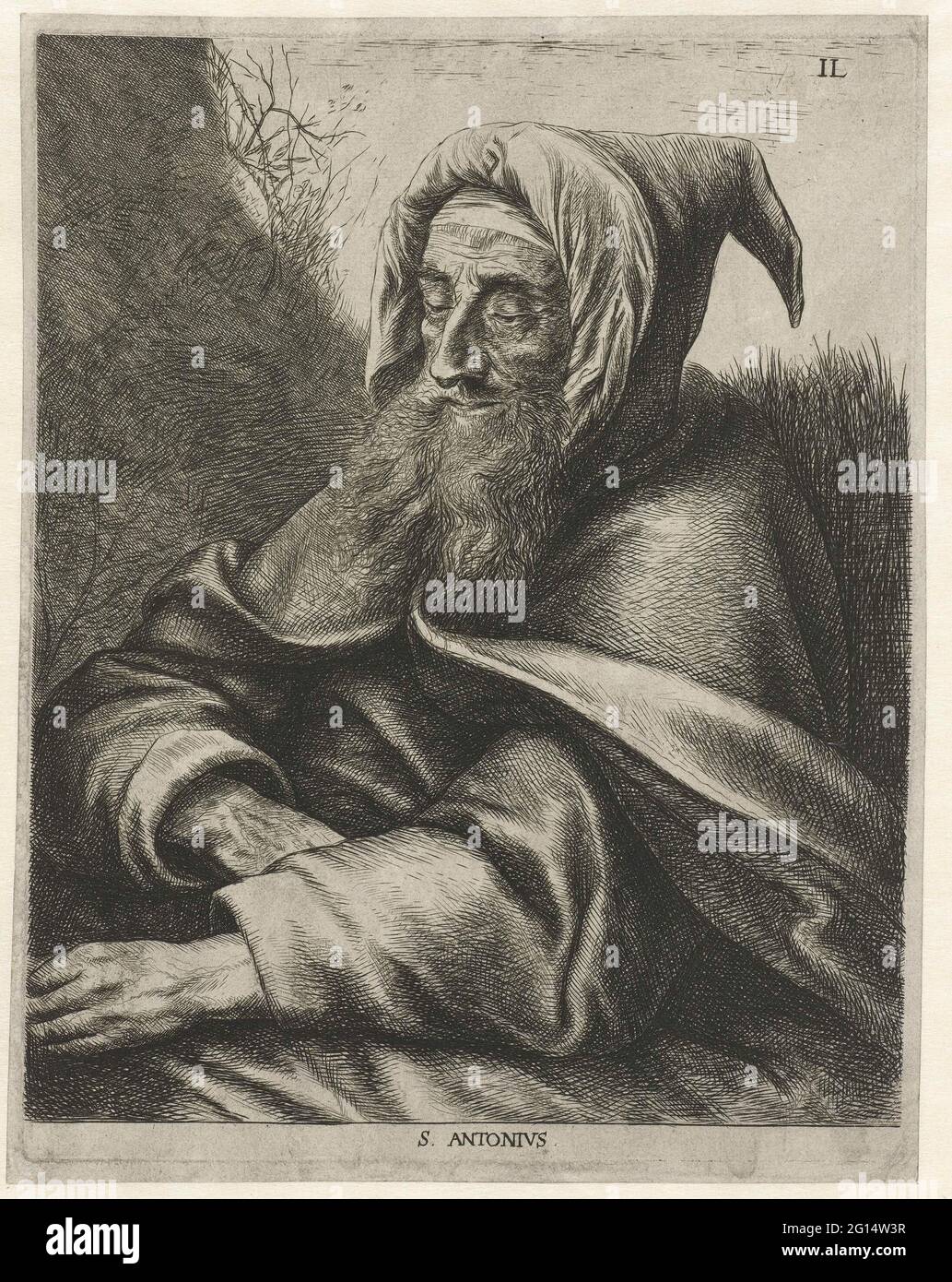 Saint Antonius the Great; S. Antonivs. Half figure of the seated ...