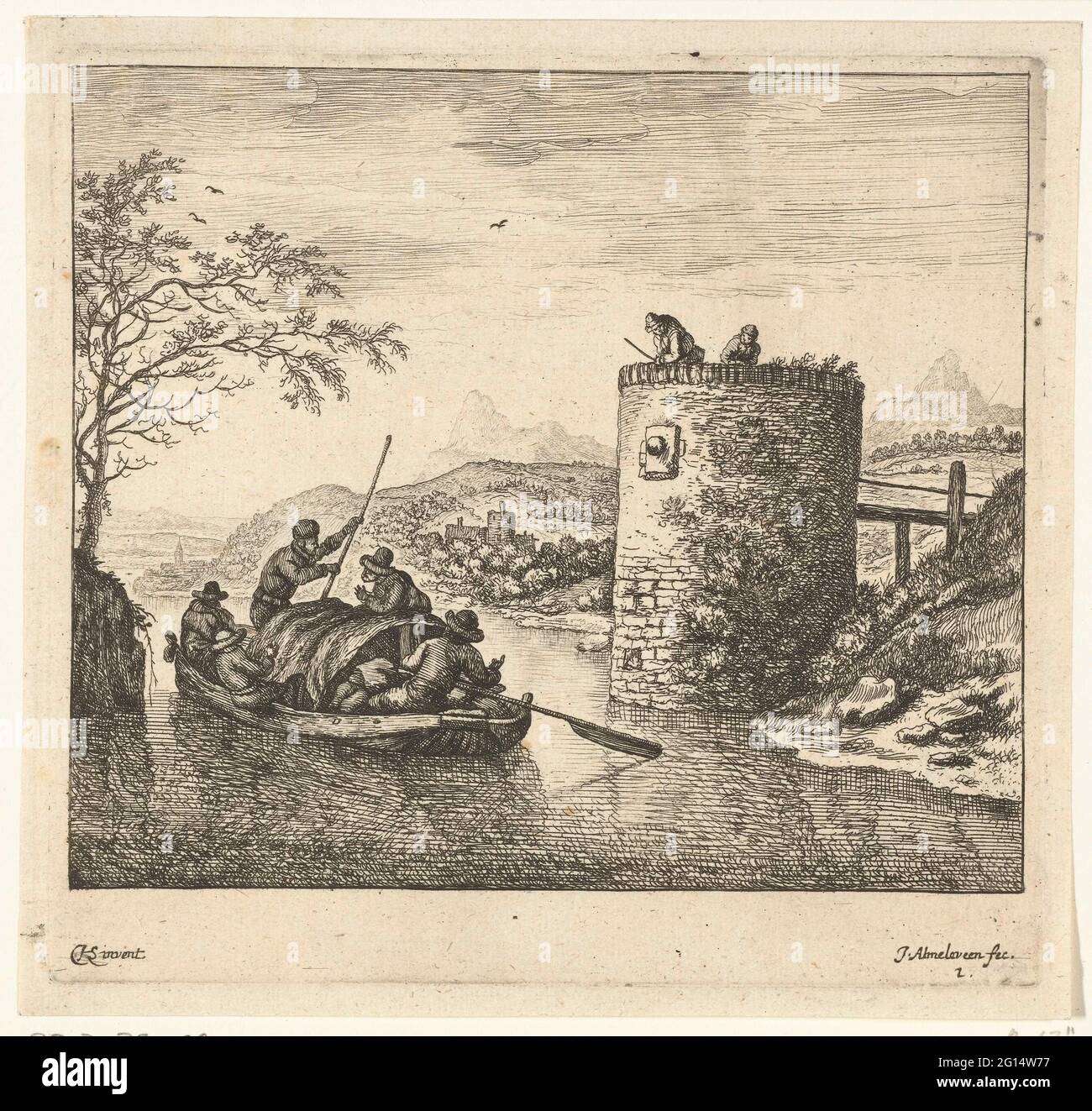 River face with barge; Four Rhine landscapes Stock Photo - Alamy