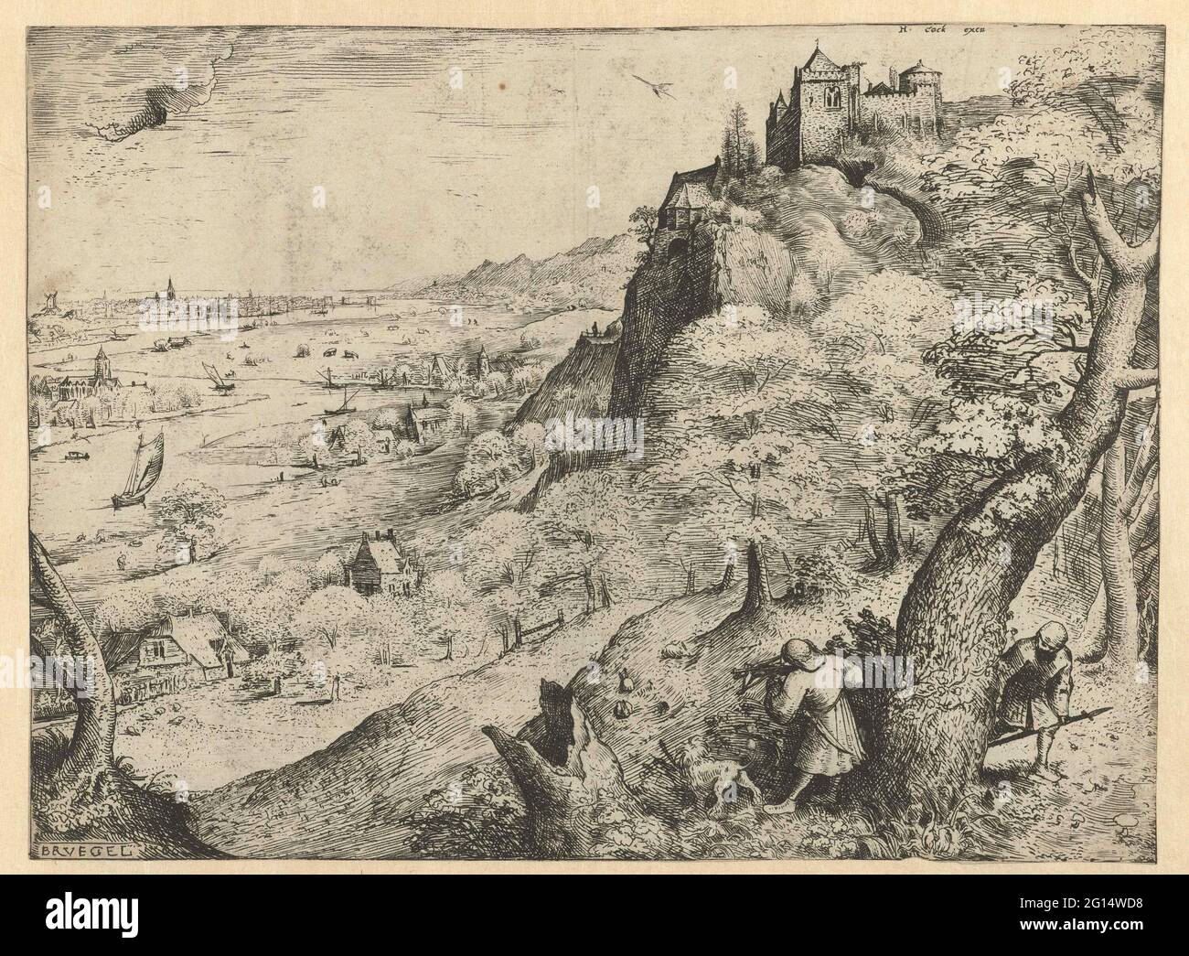 Landscape with rabbit hunting. Landscape with hills and river. In the ...