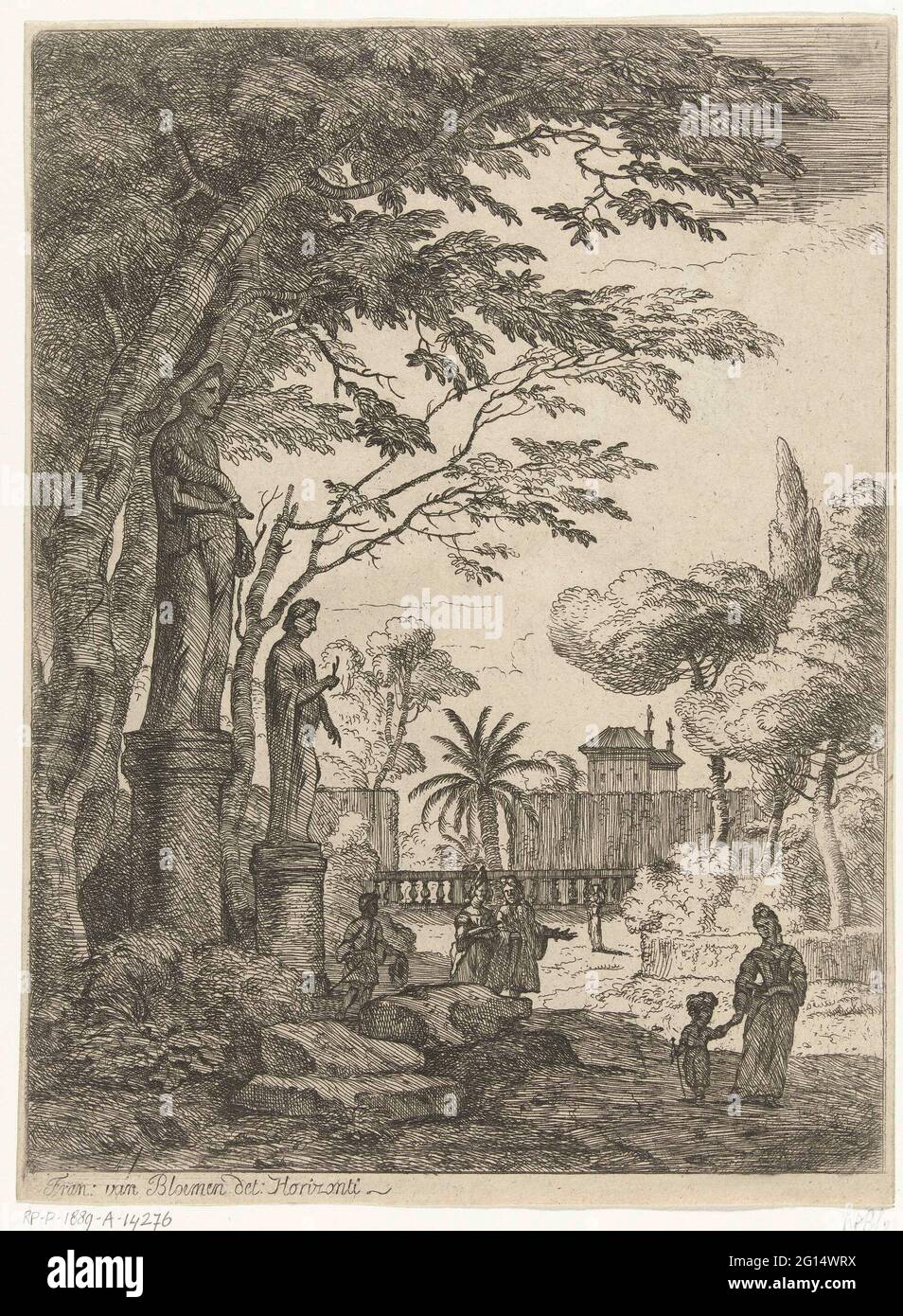 Italiananizing landscape with two images and walkers in park Stock ...