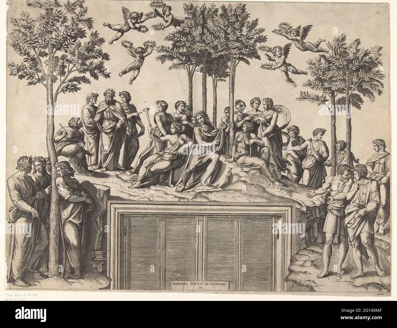 Apollo and muses on mountain parnassus. Apollo plays on a winch and is ...