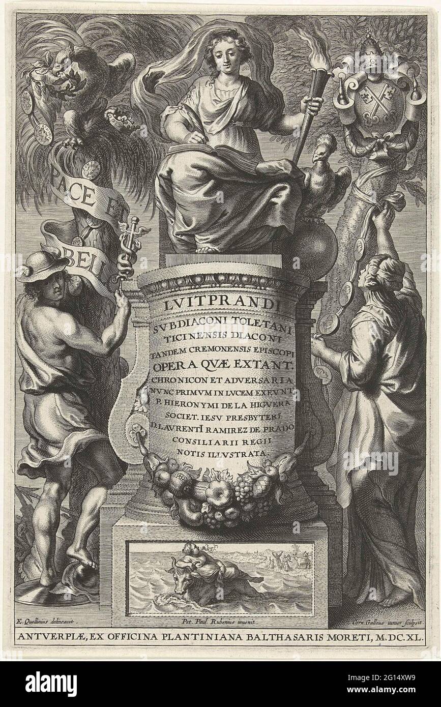 History sitting on a throne; Title page for: Liutprand, Opera, Antwerp ...