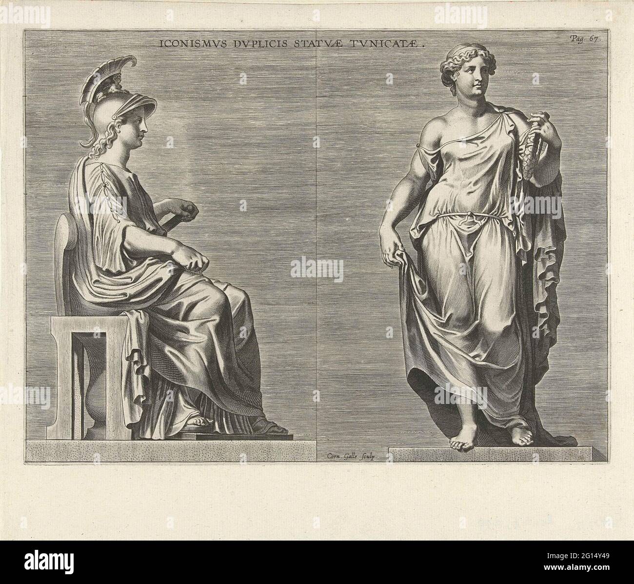 Two female images; Iconismvs Dvplicis Statvae Tvnicatae. On the left a ...