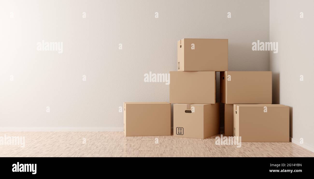 Brown moving storage cardboard boxes stacked in empty room in apartment ...