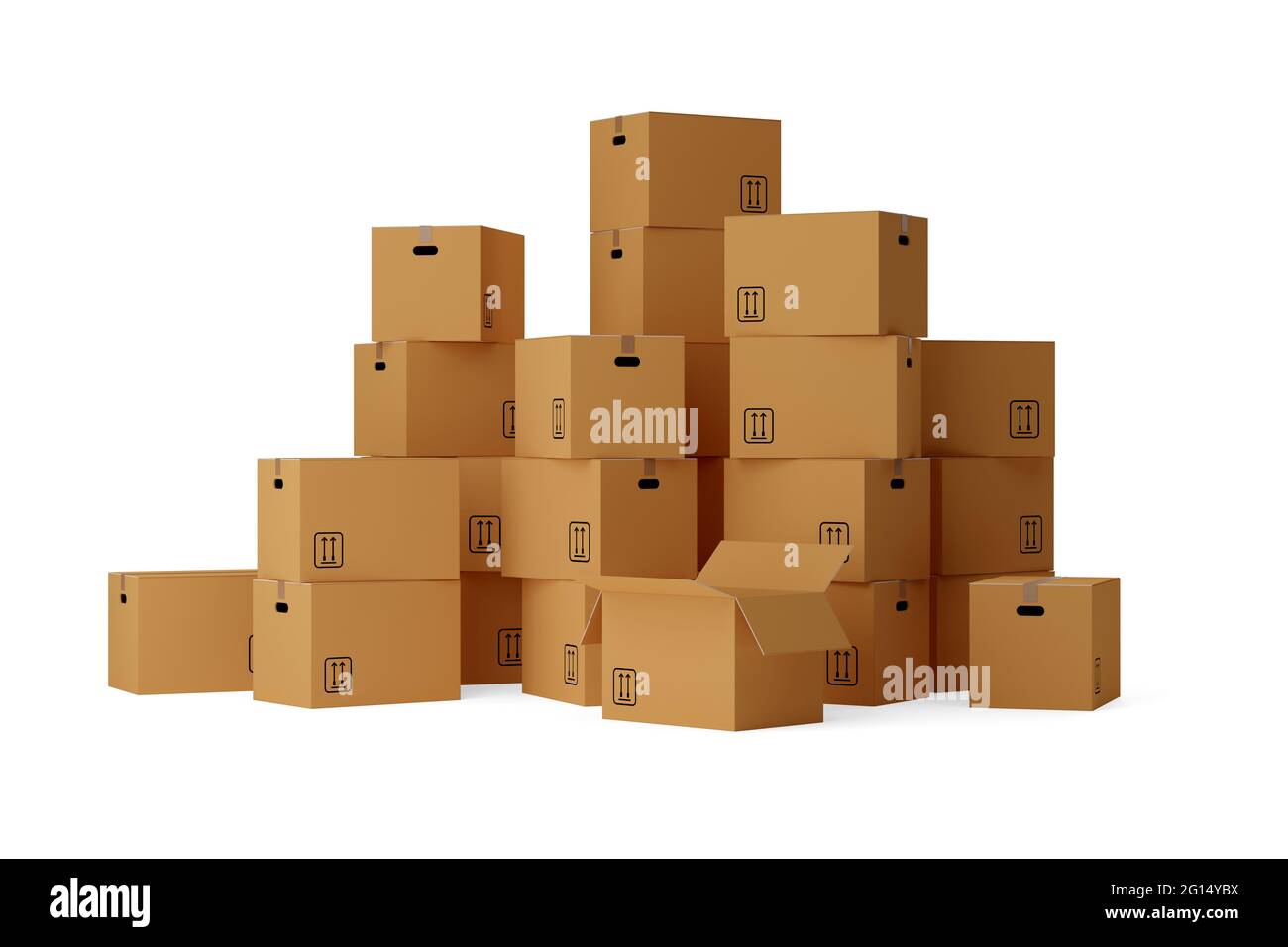 Stack of open and closed brown cardboard moving storage boxes over ...