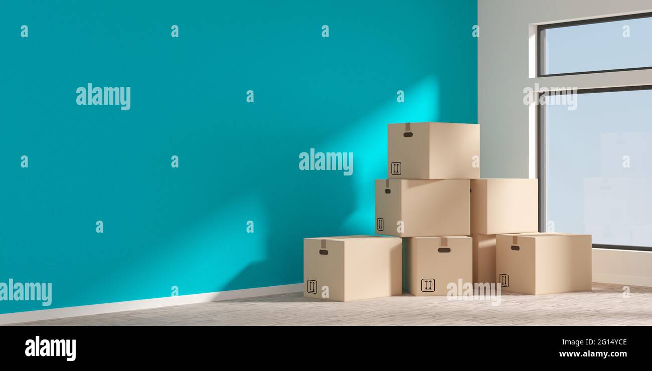 Brown moving storage cardboard boxes stacked in empty room in apartment ...