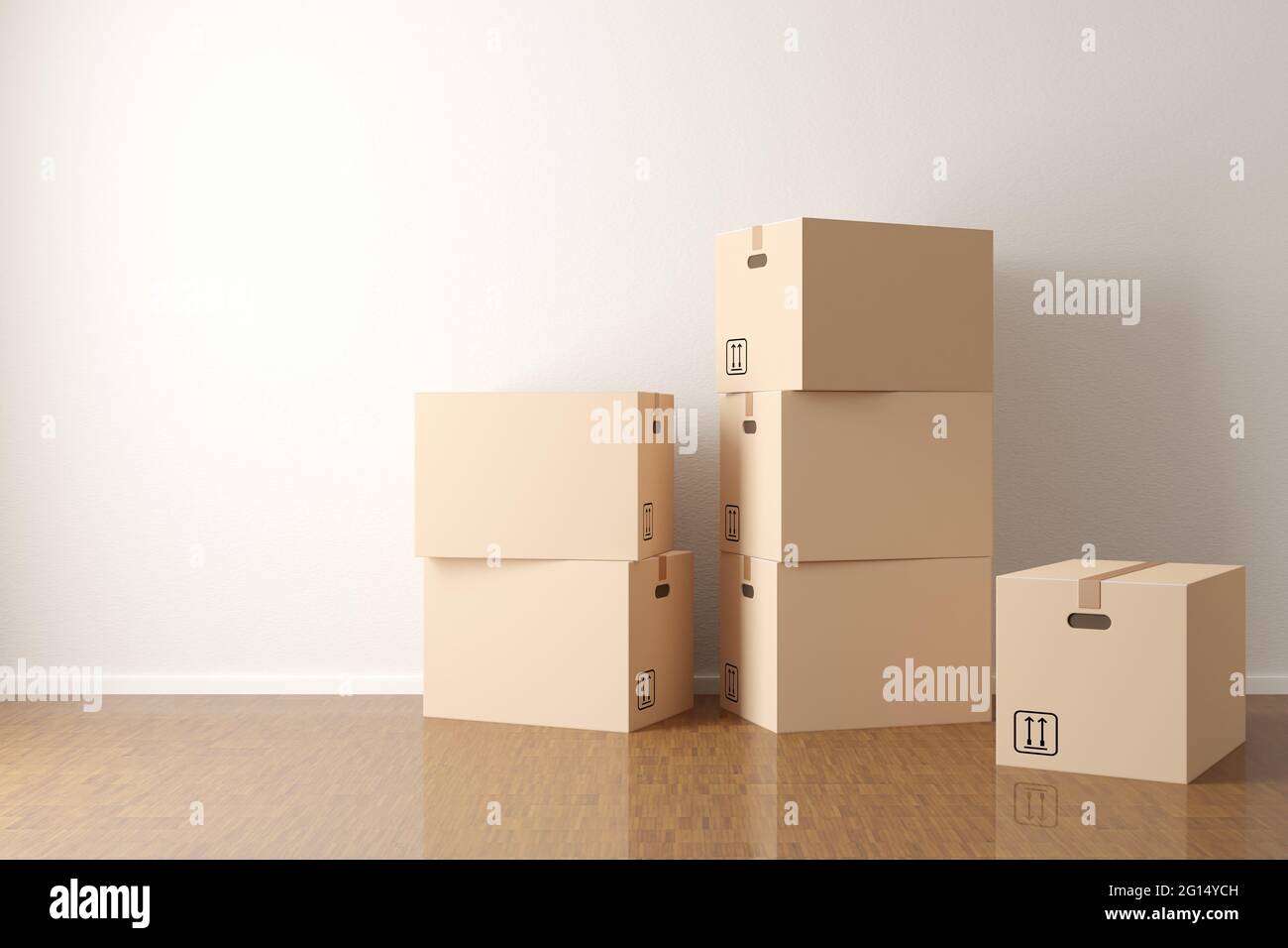 Brown moving storage cardboard boxes stacked in empty room in apartment ...