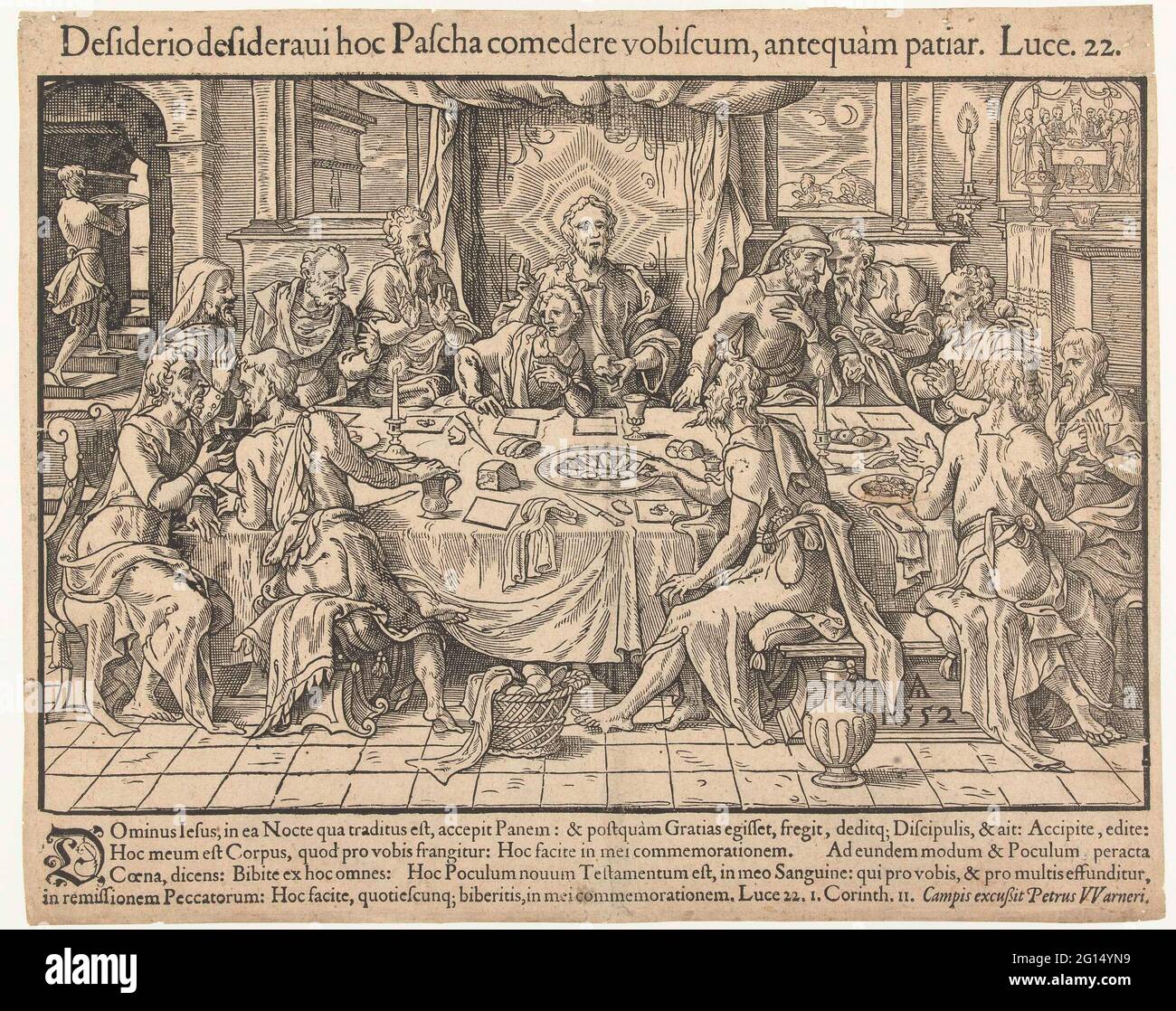 Last Supper. Christ at the table with the twelve disciples. In the room ...