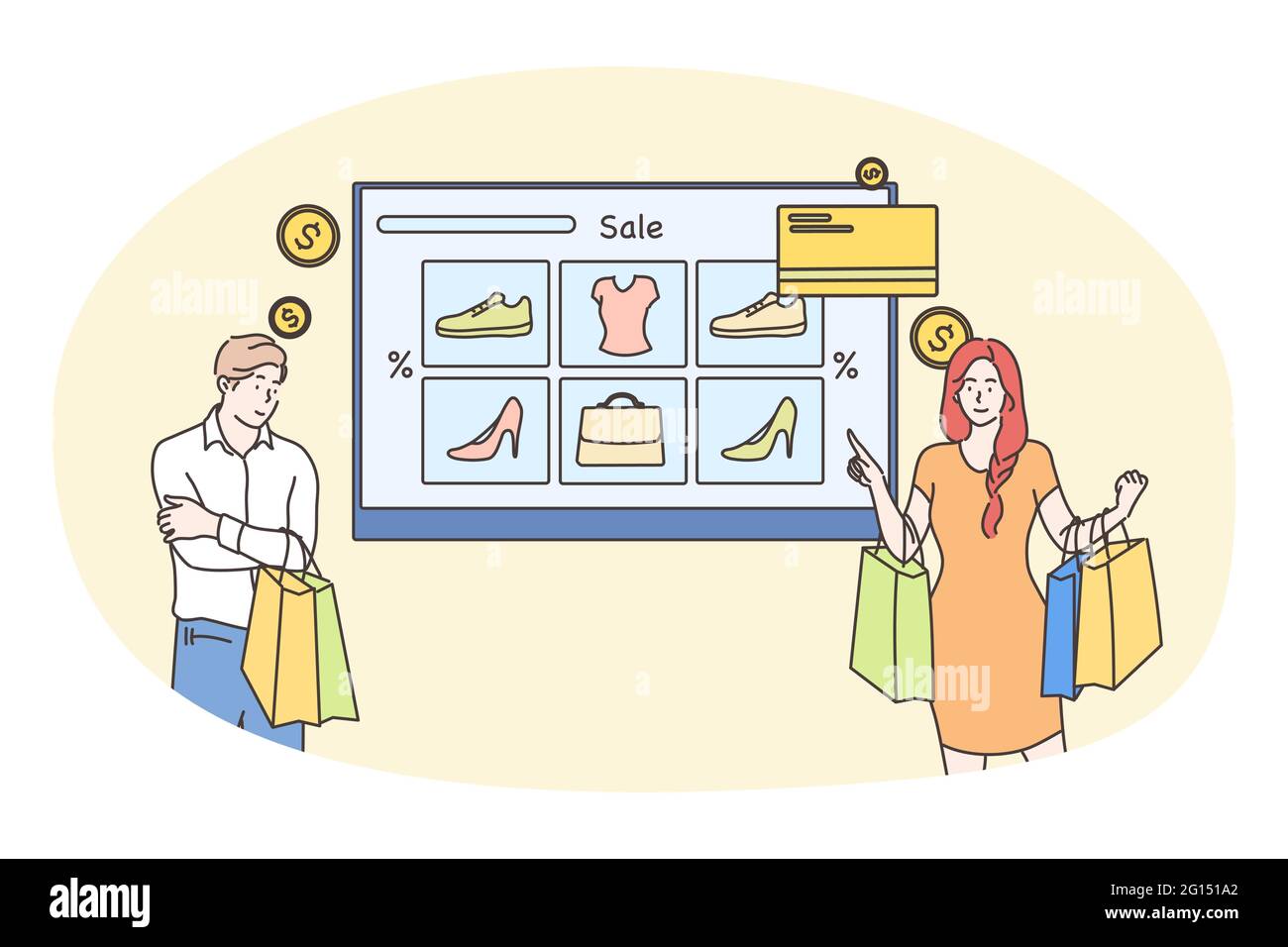 Technology, promotion, marketing, shopping, sale concept. Young couple ...