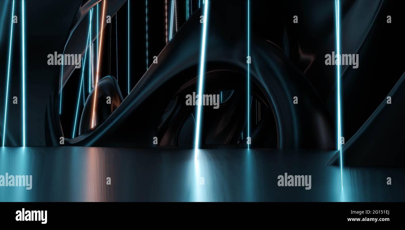 empty dark building hall corridor with blue and violet neon lights 3d ...