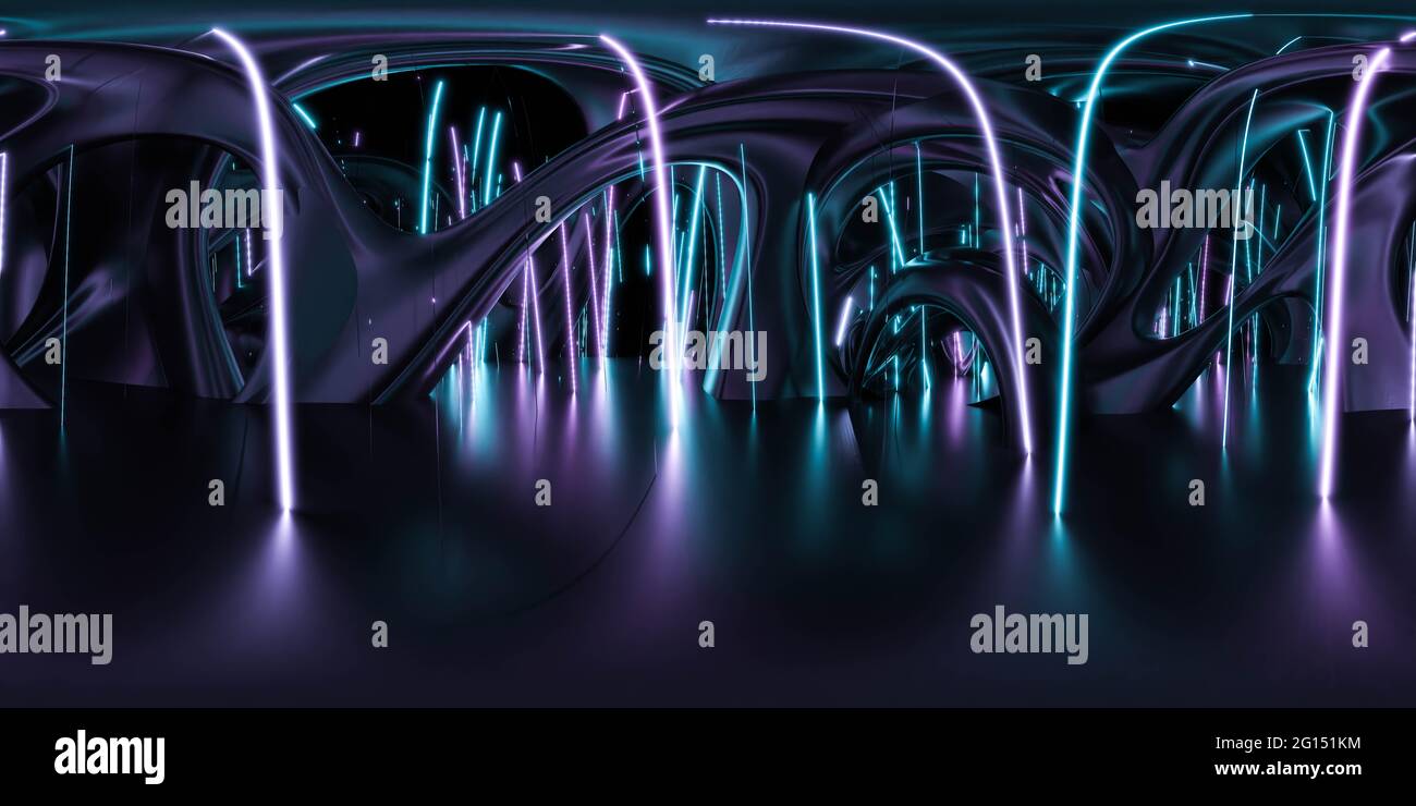 full 360 degree panorama of futuristic building interior with neon ...