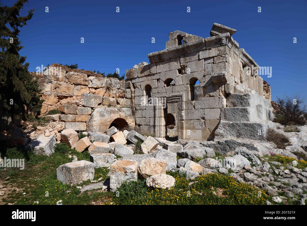 Idlib, Syria. 28th Feb, 2021. The destroyed old nuns monastery seen ...