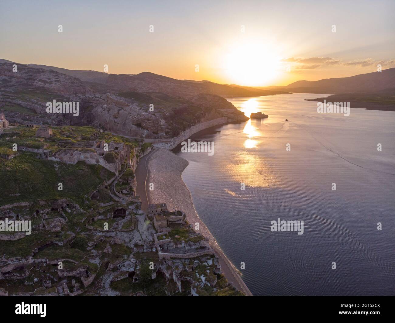Aerial Drone Shot at sunset Time on the Tigres River in Eastern Turkey ...