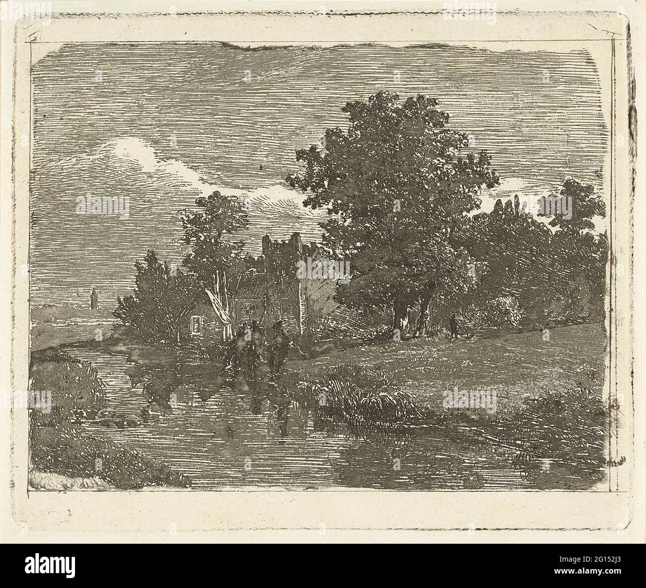 Landscape with a river and three fishing men on the waterfront Stock ...