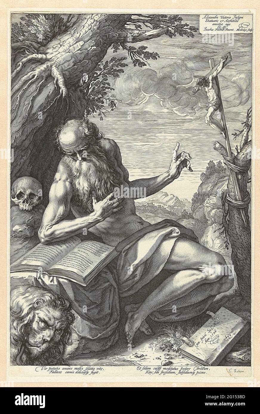 Saint Hieronymus. Saint Hieronymus, sitting under a tree, reading in a ...