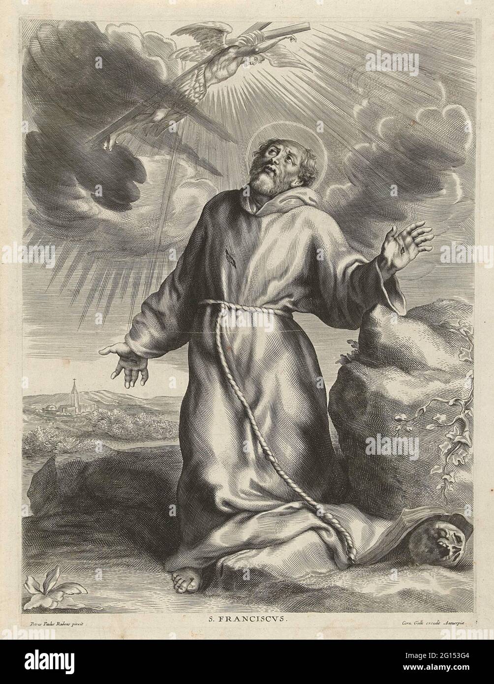 H. Franciscus; S. Franciscvs. Saint Francis has a vision of a winged ...