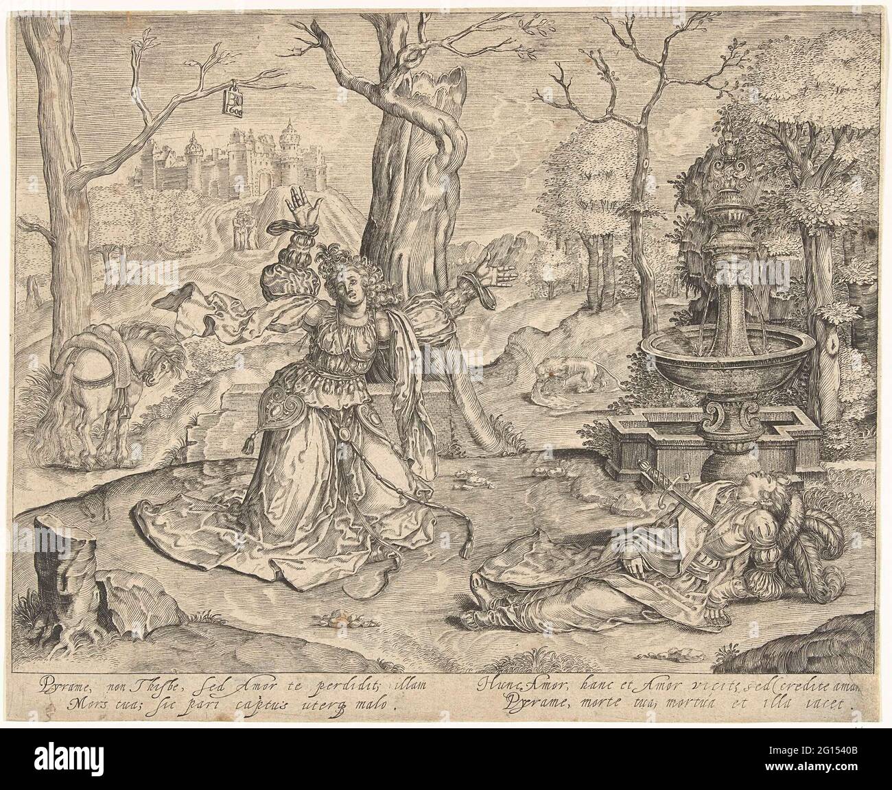 Pyramus and Thisbe. On the right in the foreground at a fountain, the ...