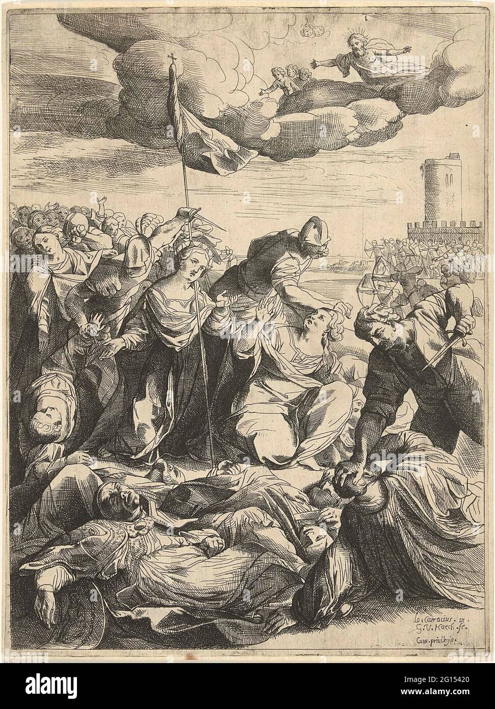 Saint Ursula besieged by theirs. Ursula with crown and pilgrim staff ...