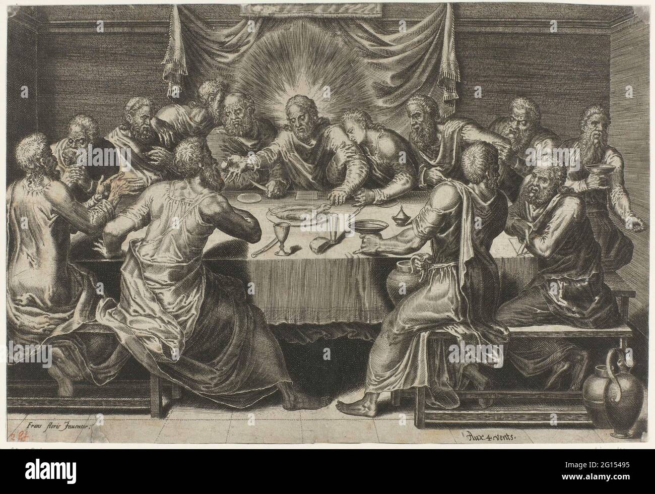 The last Supper. Christ sits with his disciples around a table during ...