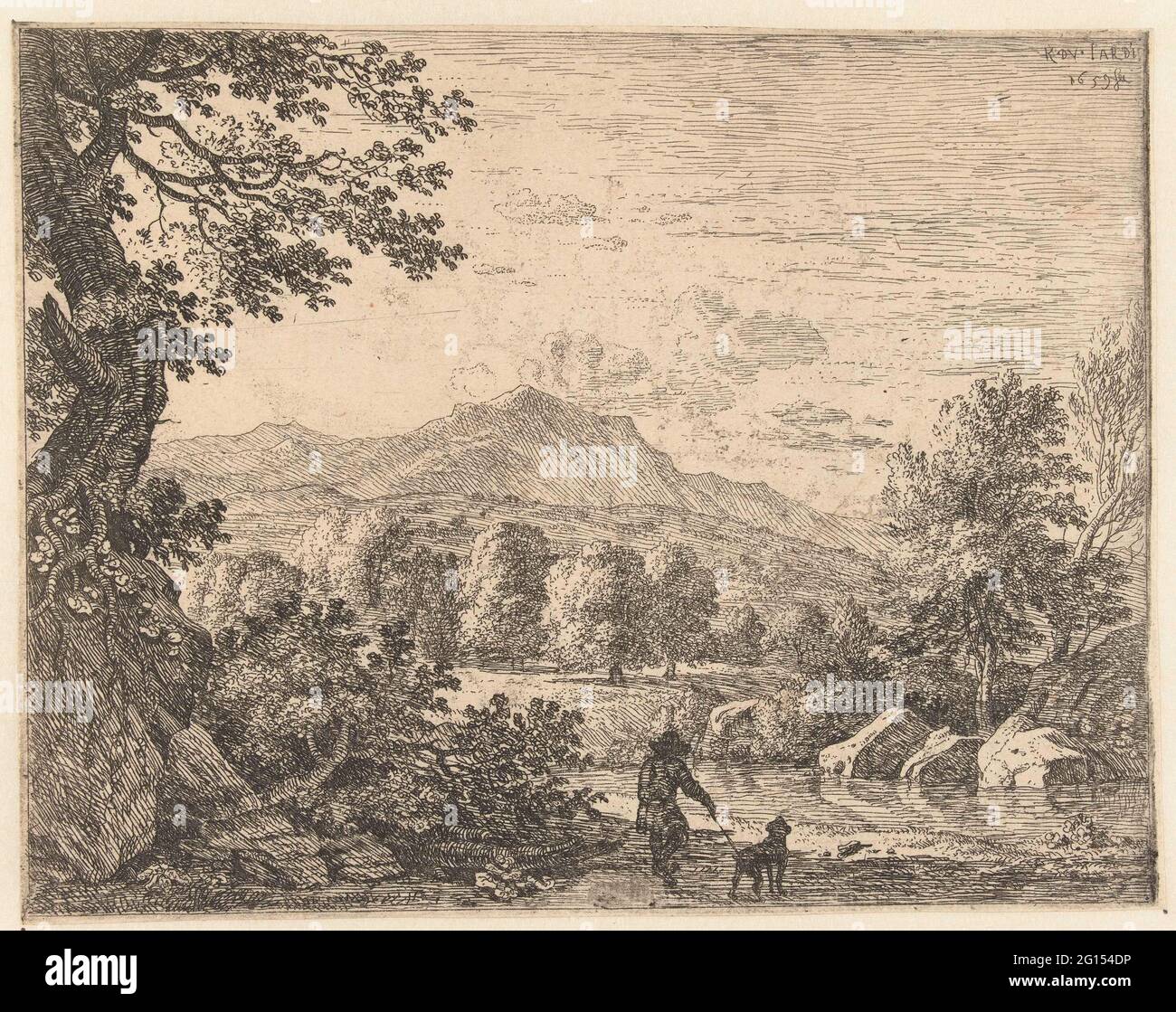 Hilland landscape with man and dog Stock Photo - Alamy