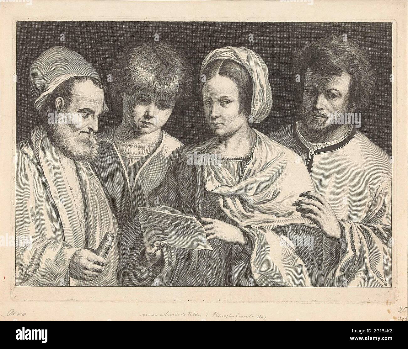 Four musicians; The concert. Three men and a woman, half depicted with ...