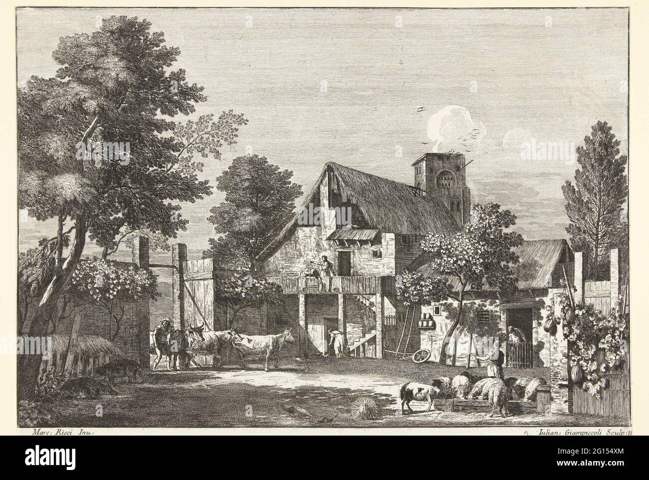 Courtyard of farm with farmers and cattle; Italian landscapes Stock ...