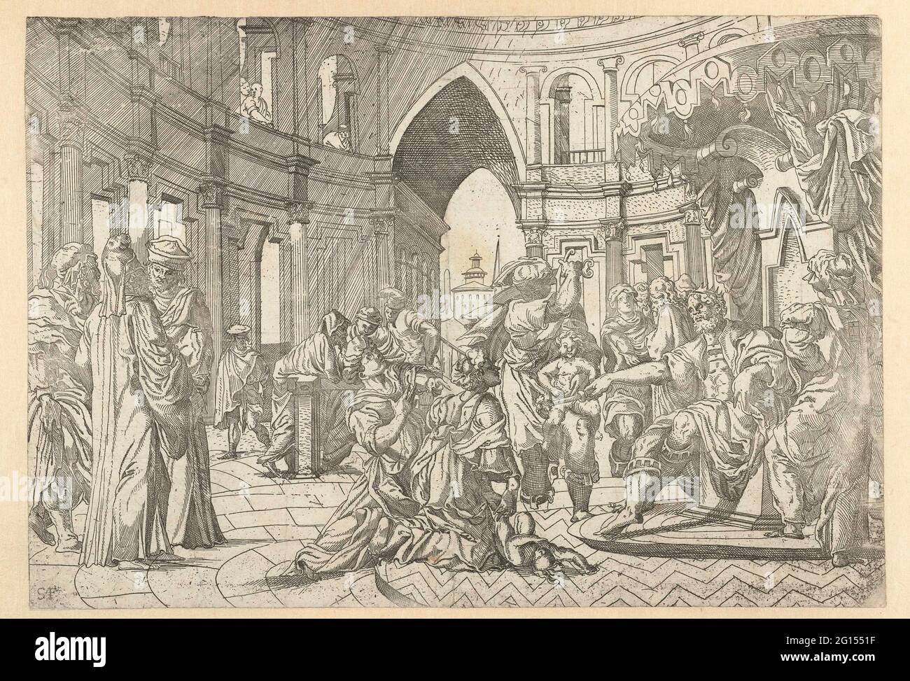 The judgment of Solomon. Within circular space with columns, Solomon ...