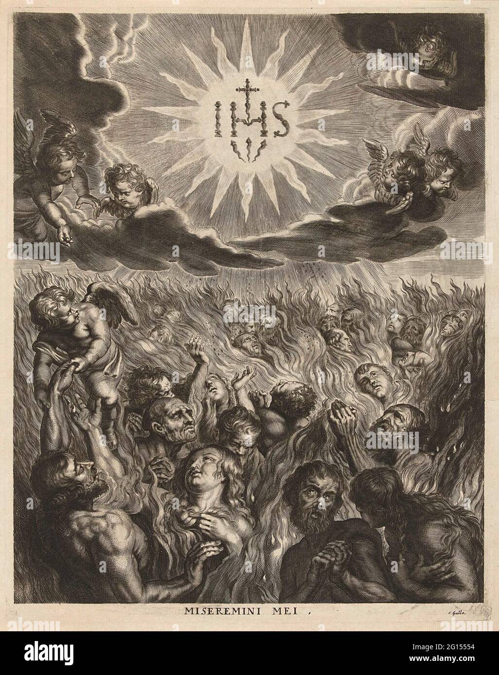 People in the purgatory. A large group of people goes up in the flames ...